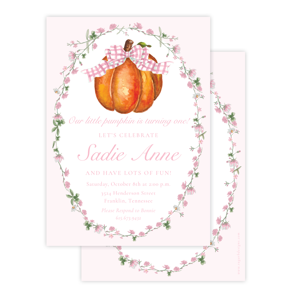 Cute Pumpkin Pink Bow Birthday Invitation – Sugar B Designs