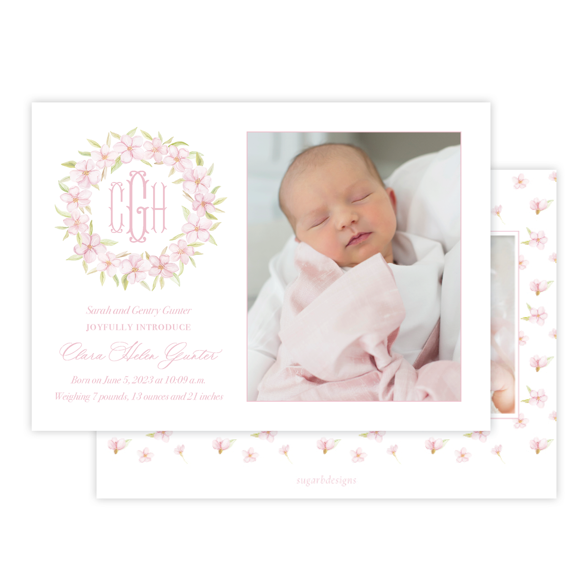Dogwood Blooms Monogram Wreath Birth Announcement – Sugar B Designs