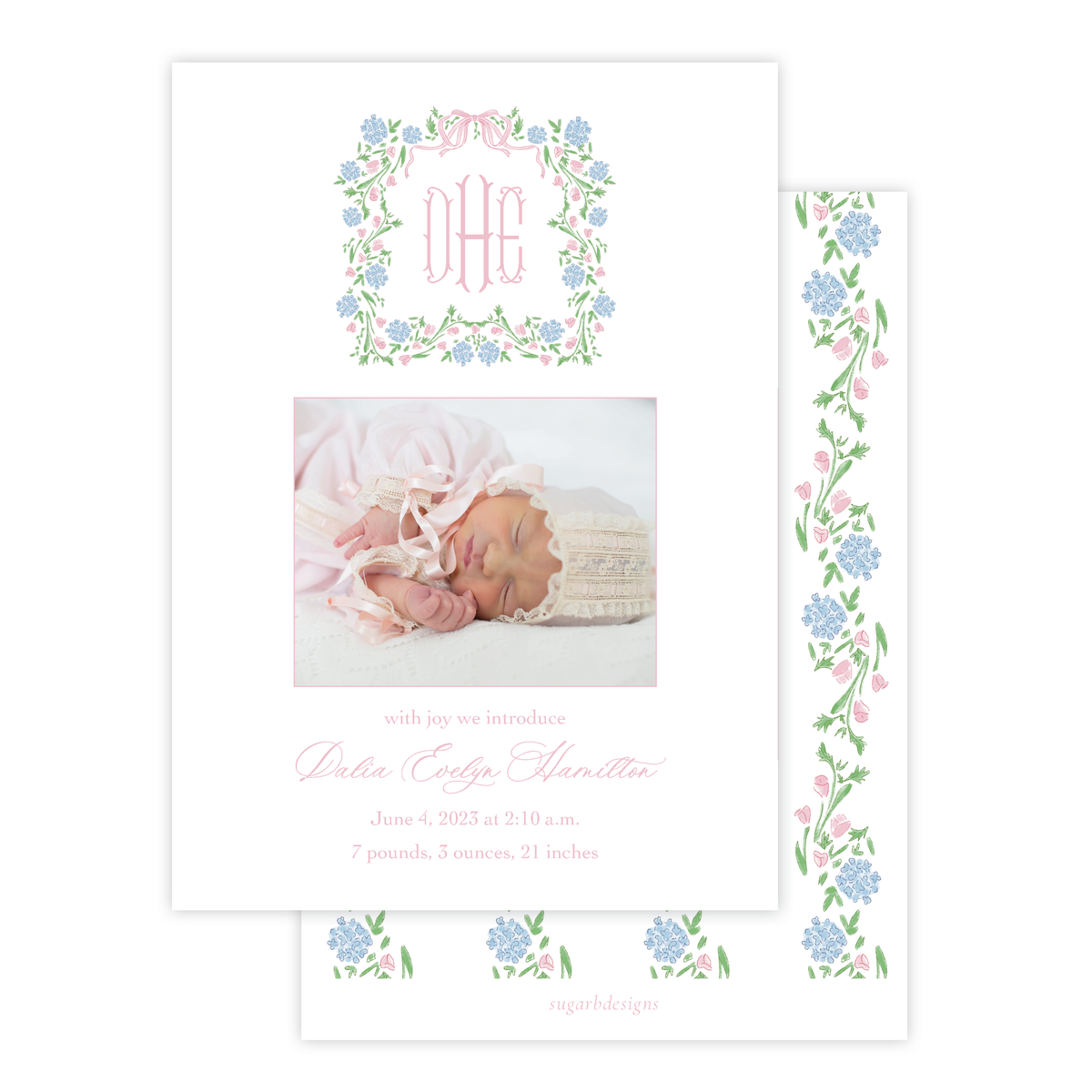 Lou Lou Floral Monogram Wreath Portrait Birth Announcement – Sugar B ...