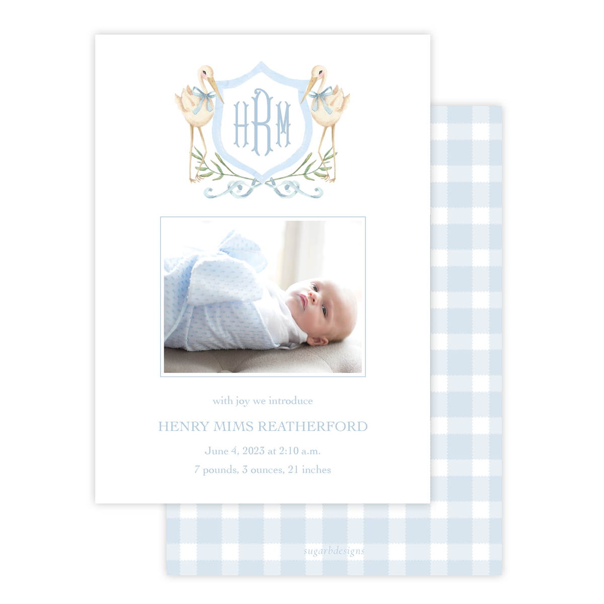 Sebastian Stork Blue Crest Birth Announcement – Sugar B Designs