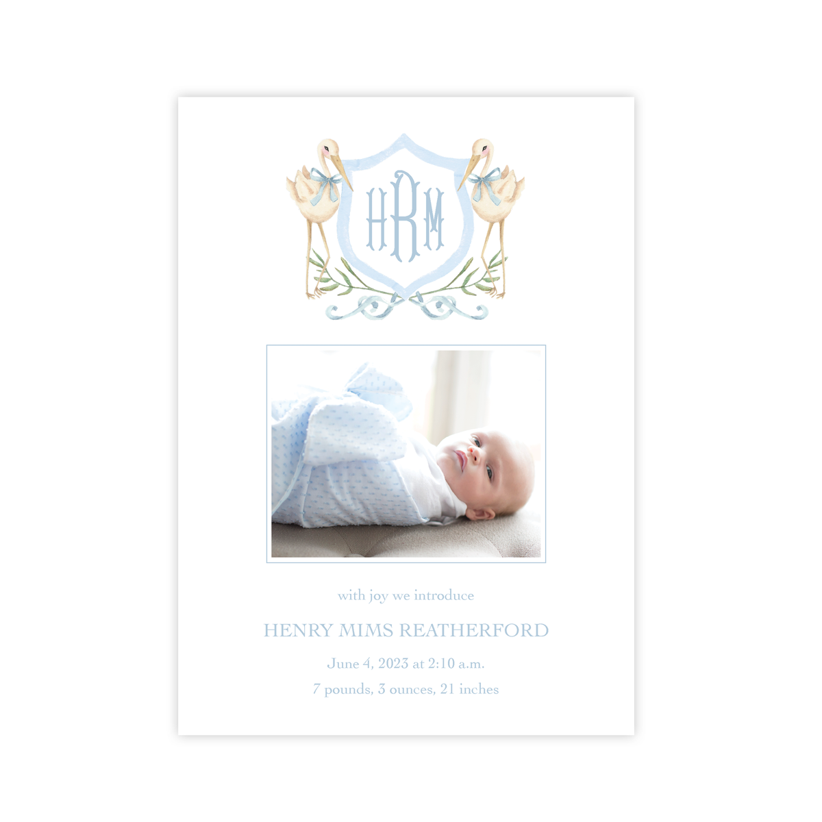 Sebastian Stork Blue Crest Birth Announcement – Sugar B Designs