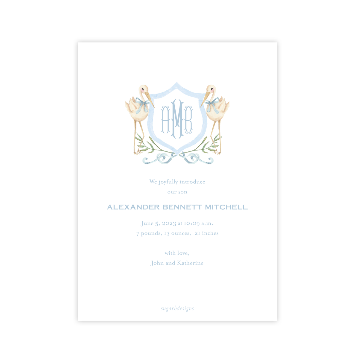 Sebastian Stork Blue Crest Border Birth Announcement – Sugar B Designs
